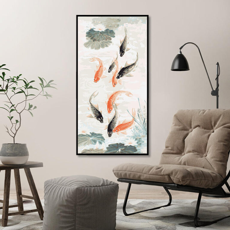 Tranh cửu ngư cá chép treo tường phòng khách, decor phòng trà, phòng thiền -DV1 - TLA Decor