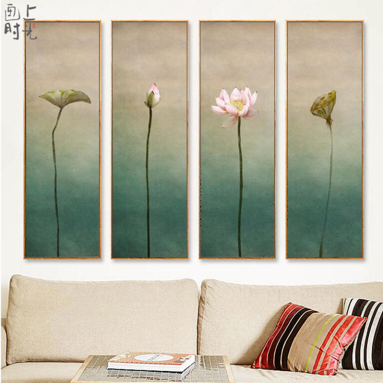 Bộ 4 Tranh hoa sen, Tranh treo phòng khách, tranh treophòng thờ, phòng thiền trà – tranh hoa sen ...